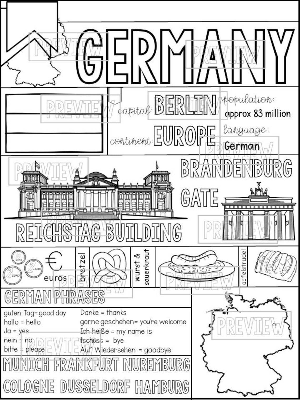 Germany Coloring Page and Graphic Organizer Country Study Printable ...