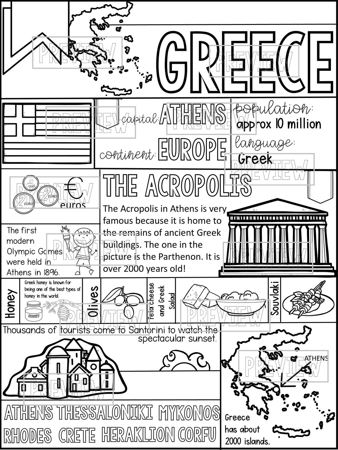 Greece Coloring Page and Graphic Organizer Country Study Printable Fact ...