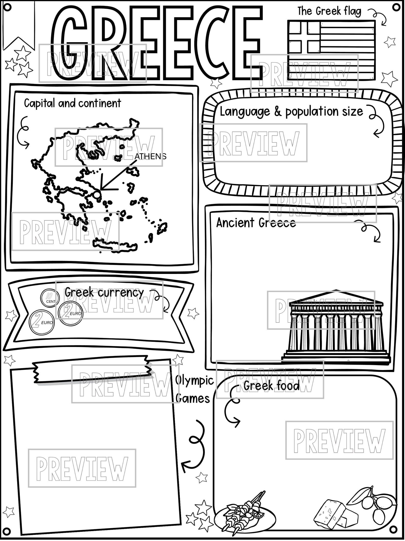 Greece Coloring Page and Graphic Organizer Country Study Printable Fact ...