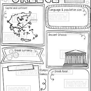 Greece Coloring Page and Graphic Organizer Country Study Printable Fact ...