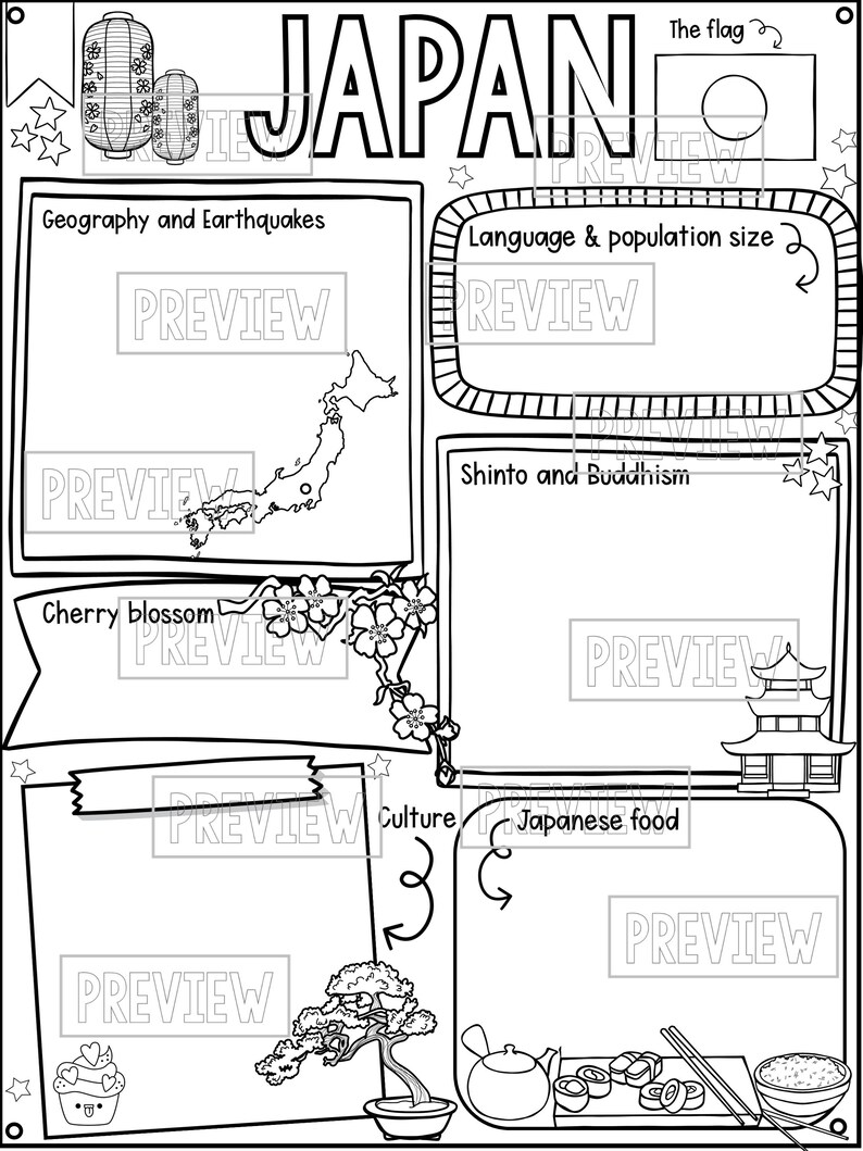 Japan Coloring Page and Graphic Organizer Country Study Printable Fact ...