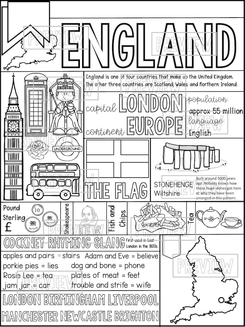 England Coloring Page and Graphic Organizer Country Study Printable ...