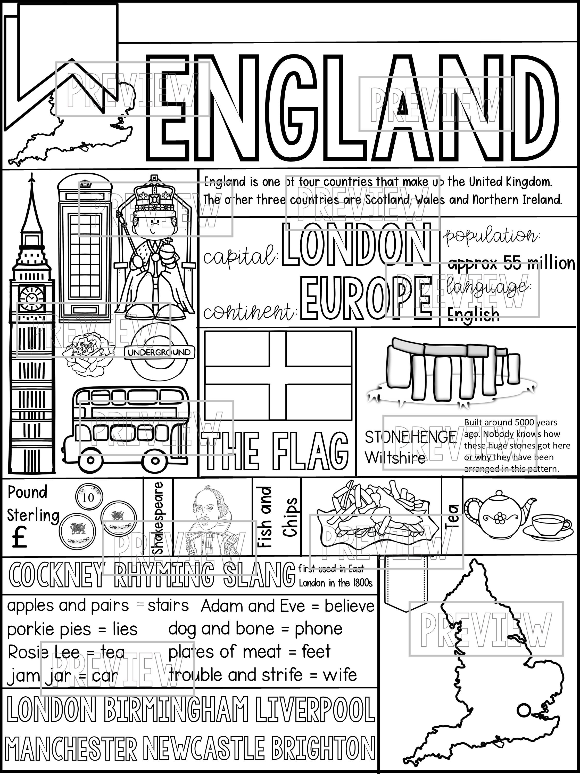 England Coloring Page and Graphic Organizer Country Study Printable ...