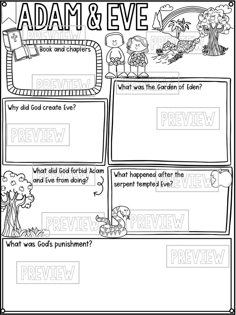 Adam and Eve Garden of Eden Bible Story Printable Coloring Page and ...