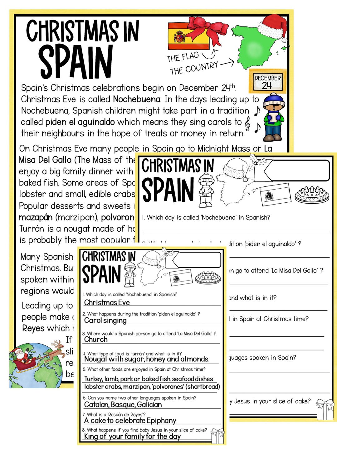 Christmas in Spain Information Page and Comprehension Questions for ...