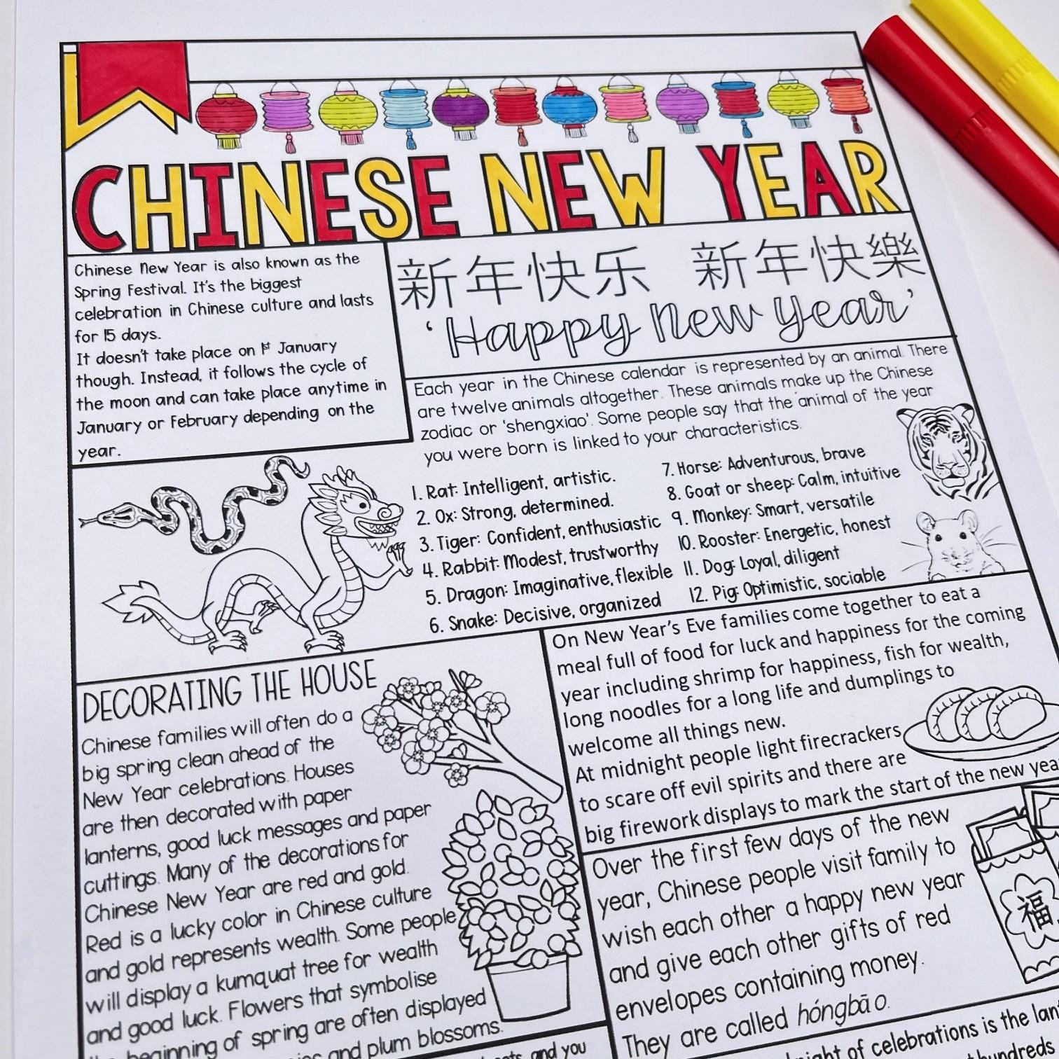 Chinese Lunar New Year Coloring Page and Graphic Organizer Digital ...