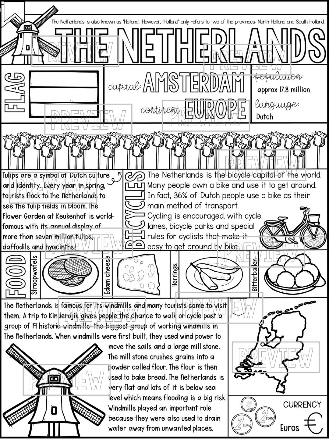 The Netherlands Coloring Page and Graphic Organizer Country Study ...