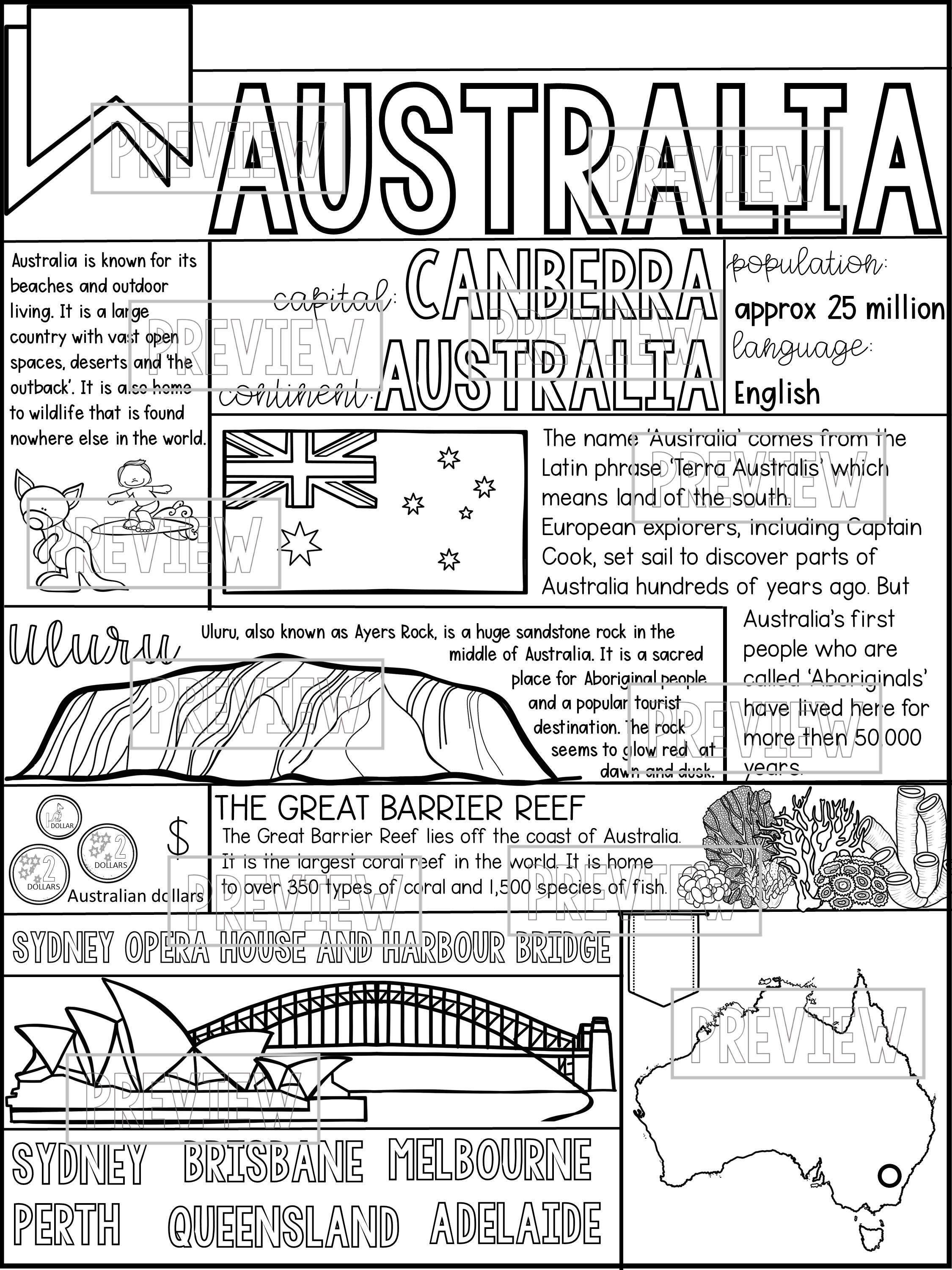 Australia Coloring Page Graphic Organizer Printable Australia Country ...