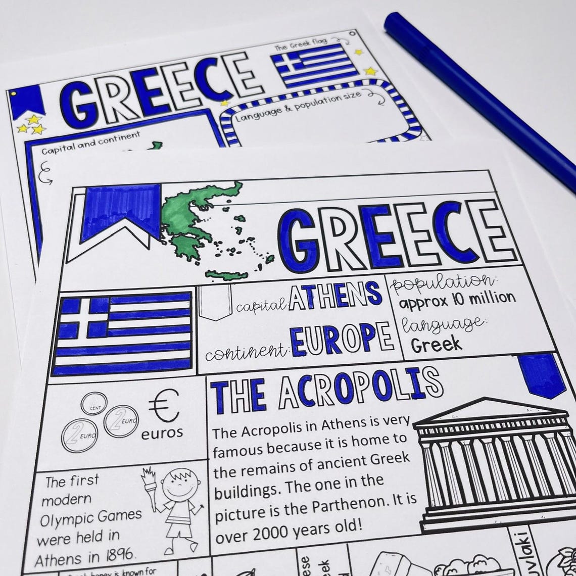 Greece Coloring Page and Graphic Organizer Country Study Printable Fact ...