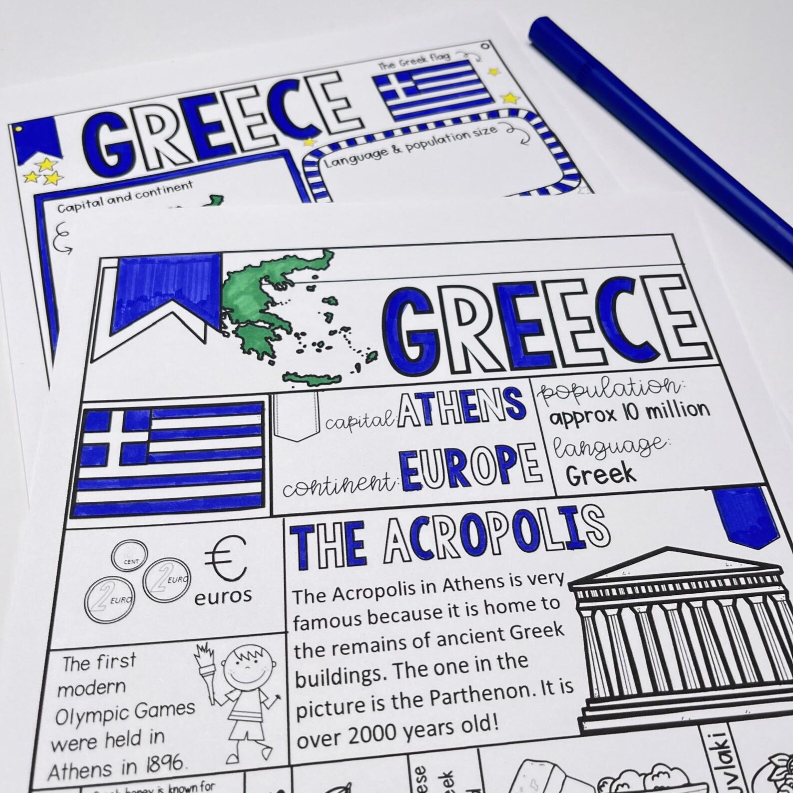 Greece Coloring Page and Graphic Organizer Country Study Printable Fact ...