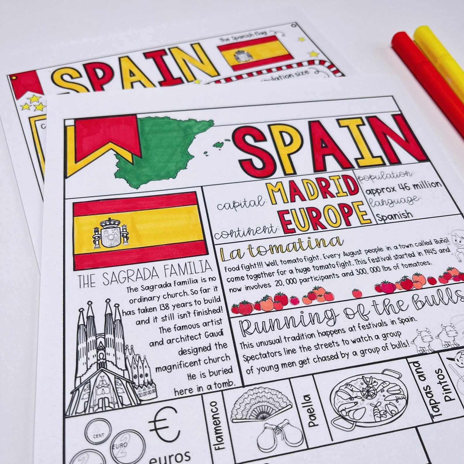 Spain Coloring Page and Graphic Organizer Country Study Printable Fact ...