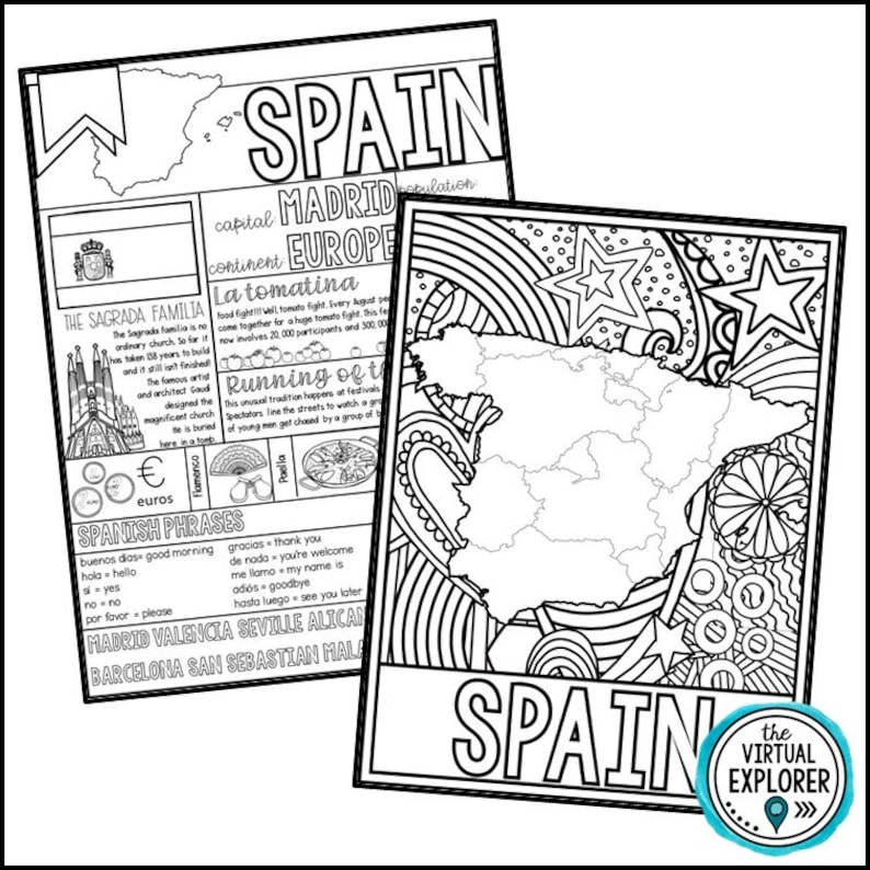 Spain Coloring Page and Graphic Organizer Country Study Printable Fact ...