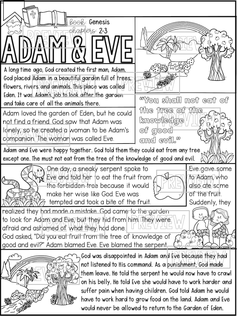 Adam and Eve Garden of Eden Bible Story Printable Coloring Page and ...