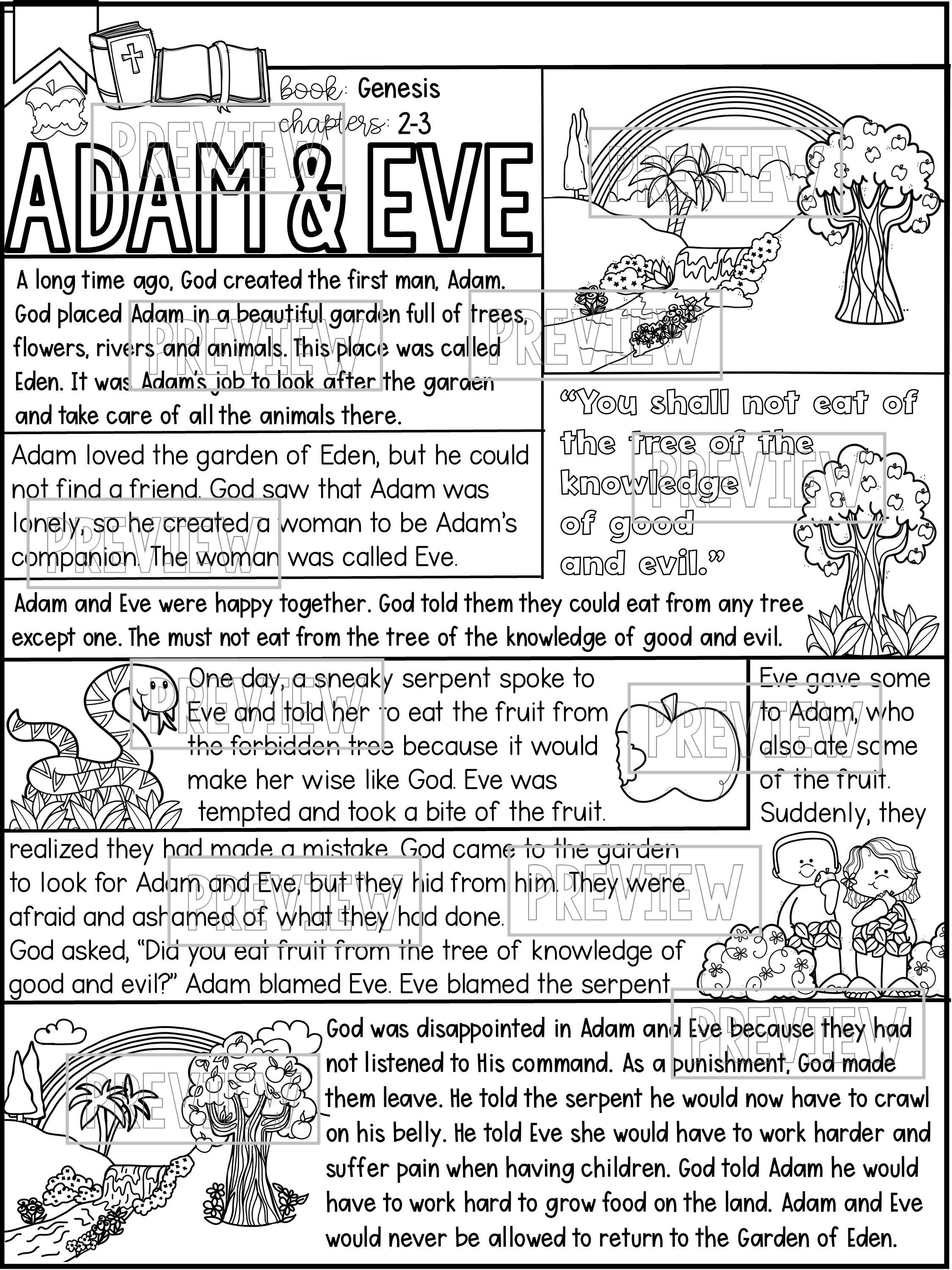 Adam and Eve Garden of Eden Bible Story Printable Coloring Page and ...