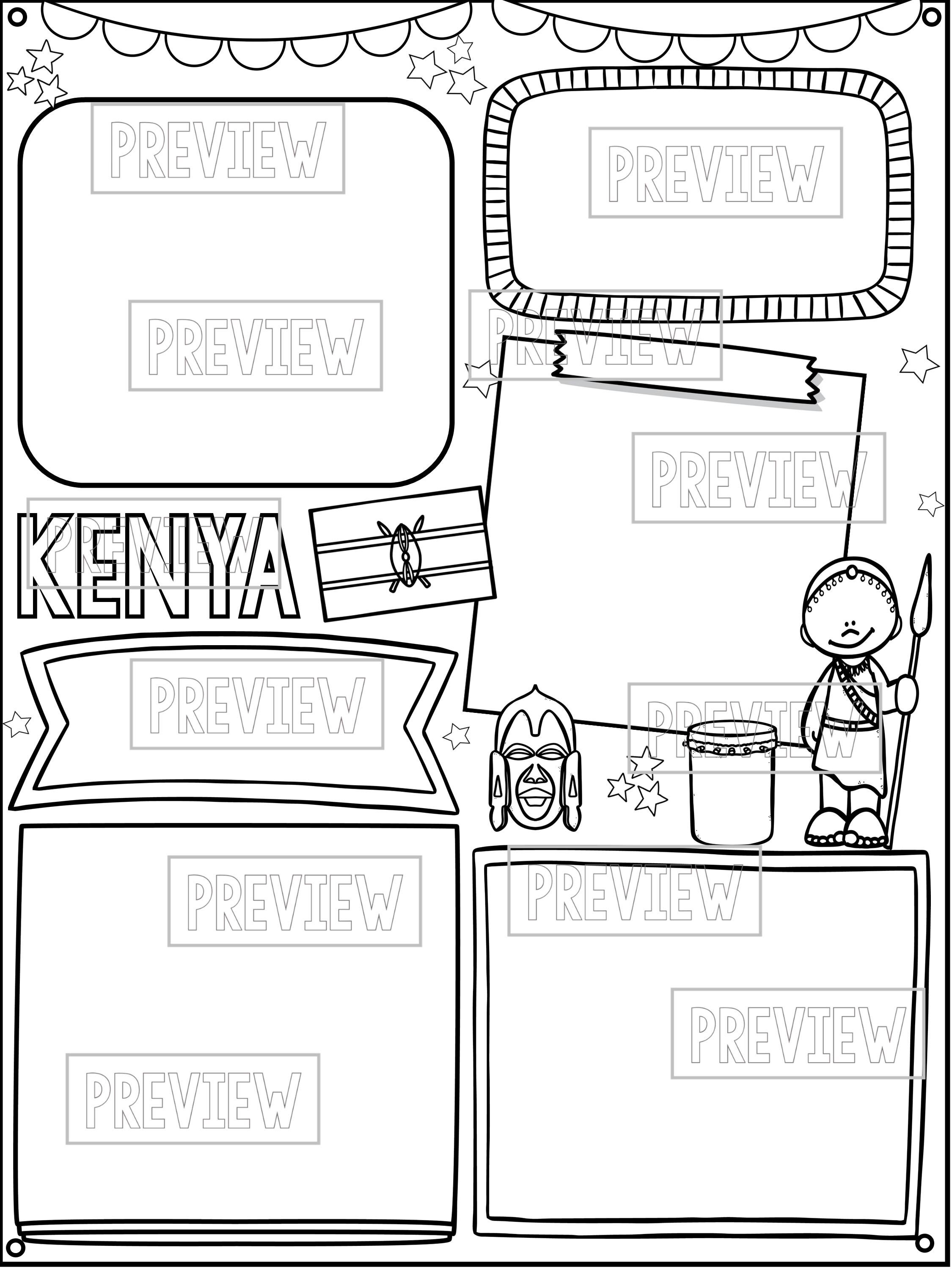 Kenya Coloring Page and Graphic Organizer Country Study Printable Fact ...