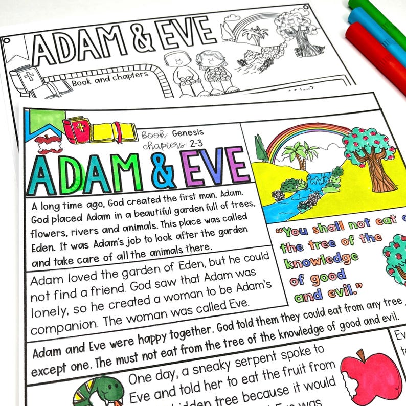 Adam and Eve Garden of Eden Bible Story Printable Coloring Page and ...