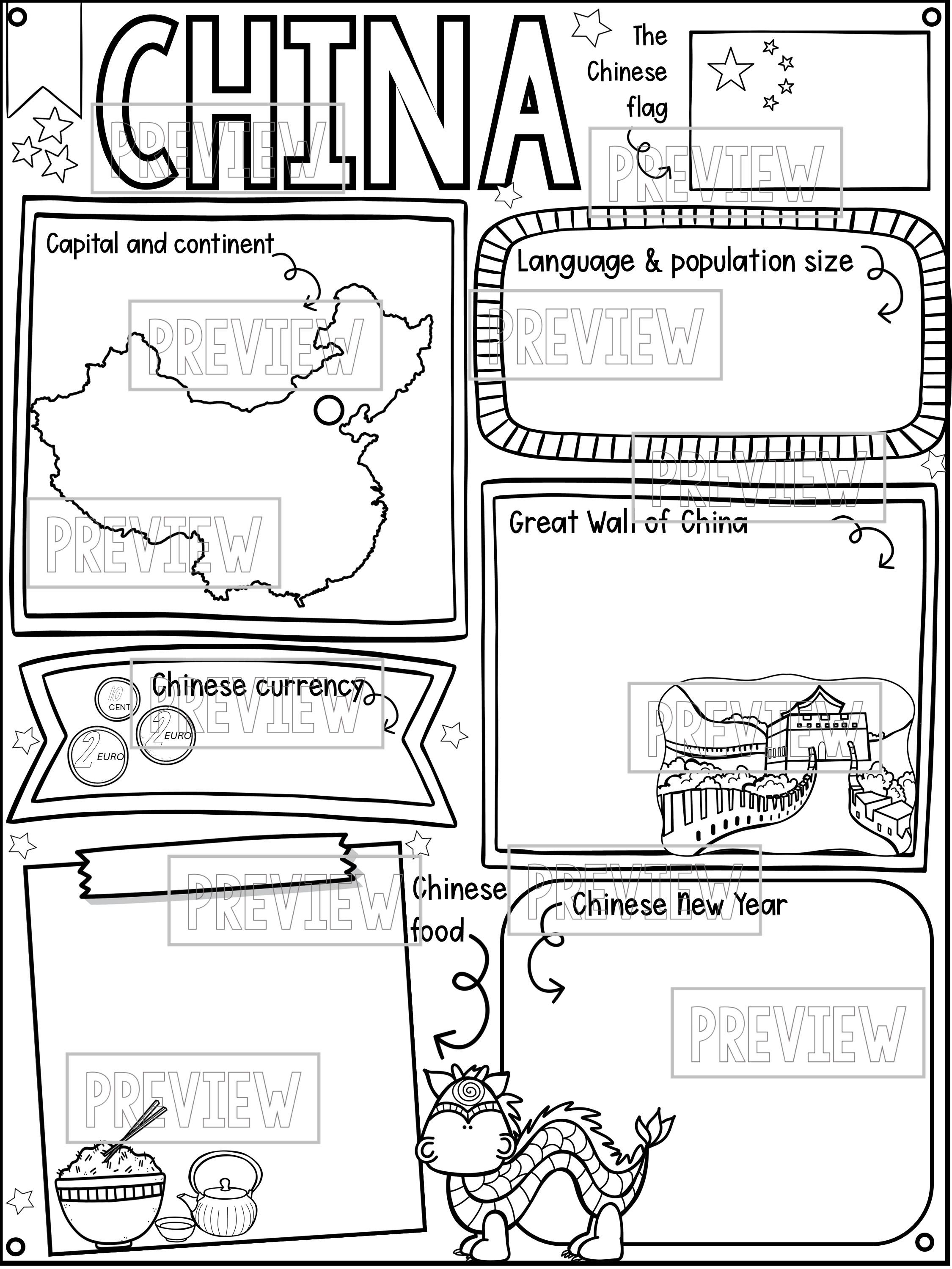 China Coloring Page and Graphic Organizer Country Study Printable Fact ...