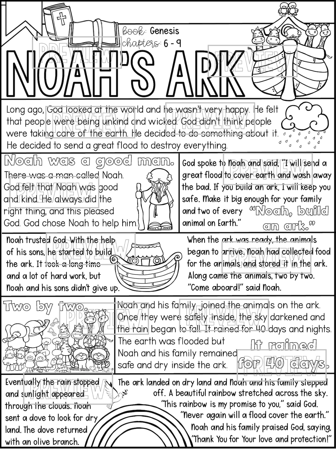 Noah's Ark Bible Lesson Coloring Page, Activity Placemat and ...