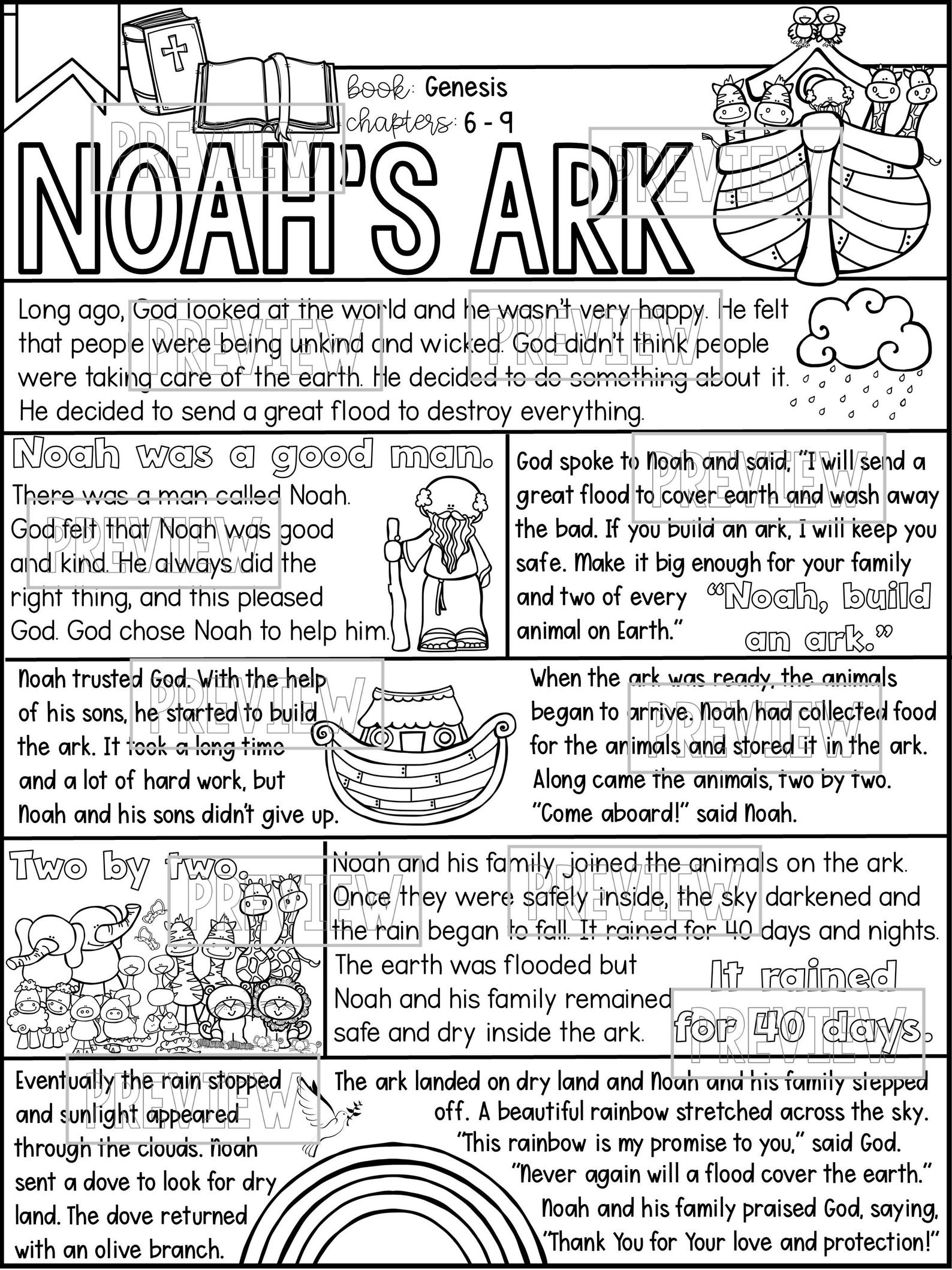 Noah's Ark Bible Lesson Coloring Page, Activity Placemat and ...