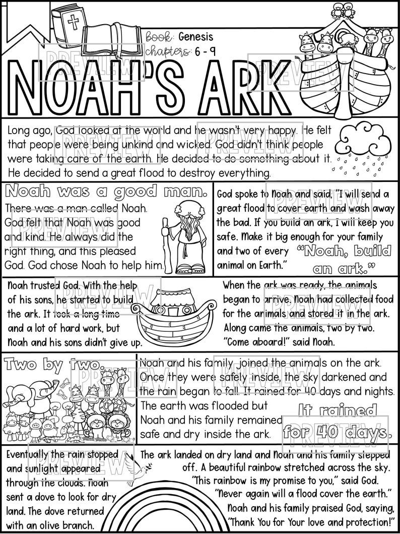 Noah's Ark Bible Lesson Coloring Page, Activity Placemat and ...