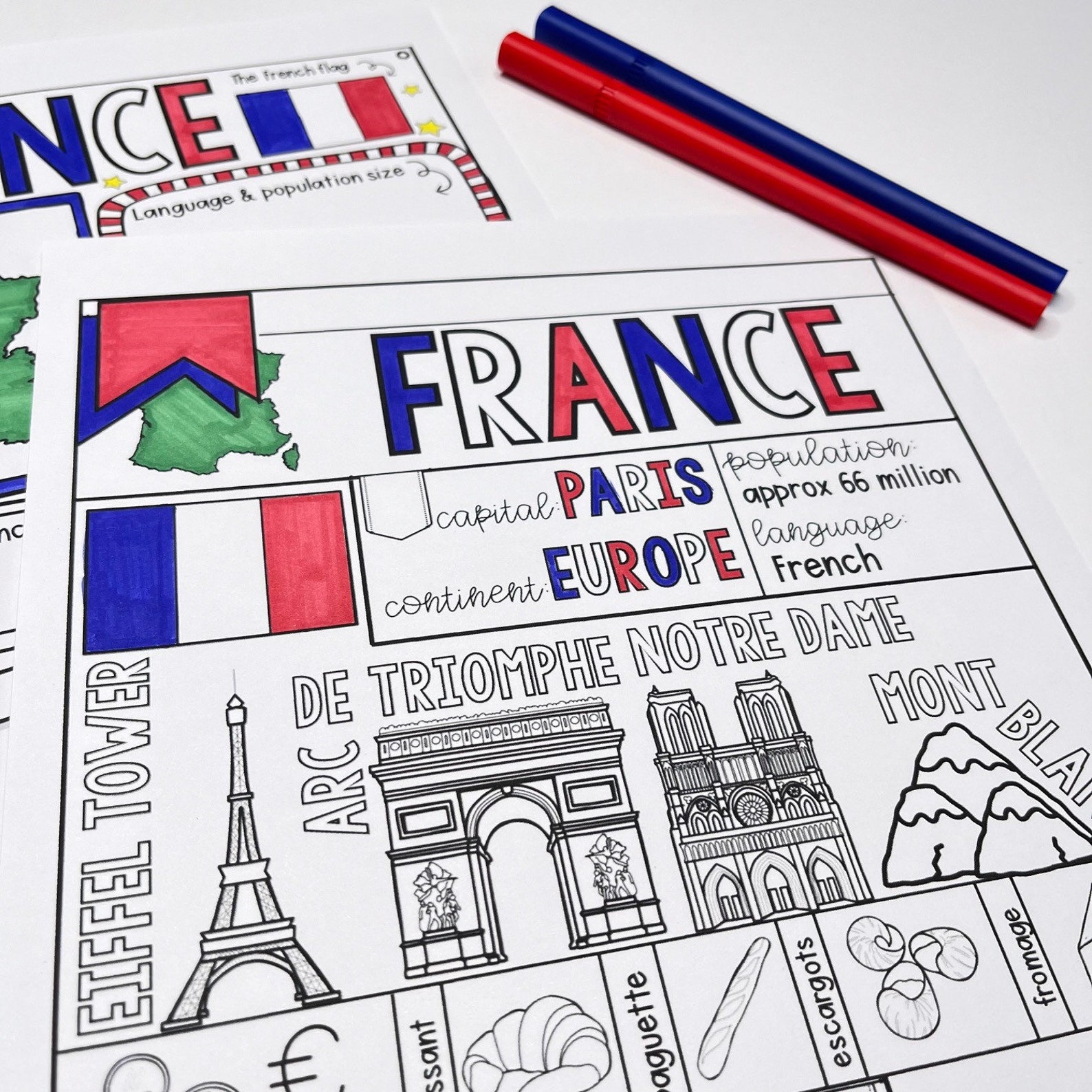 France Coloring Page and Graphic Organizer Country Study Printable Fact ...