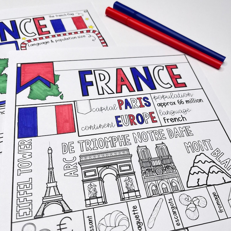 France Coloring Page and Graphic Organizer Country Study Printable Fact ...