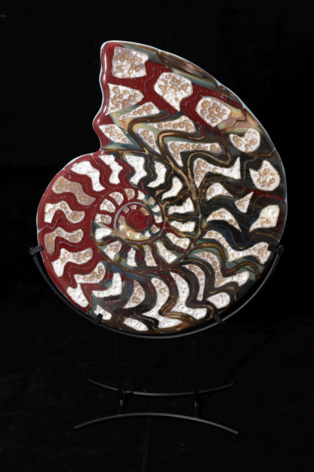 Dark Red Opalescent Glass Ammonite Art With Pure Silver and Dichroic ...