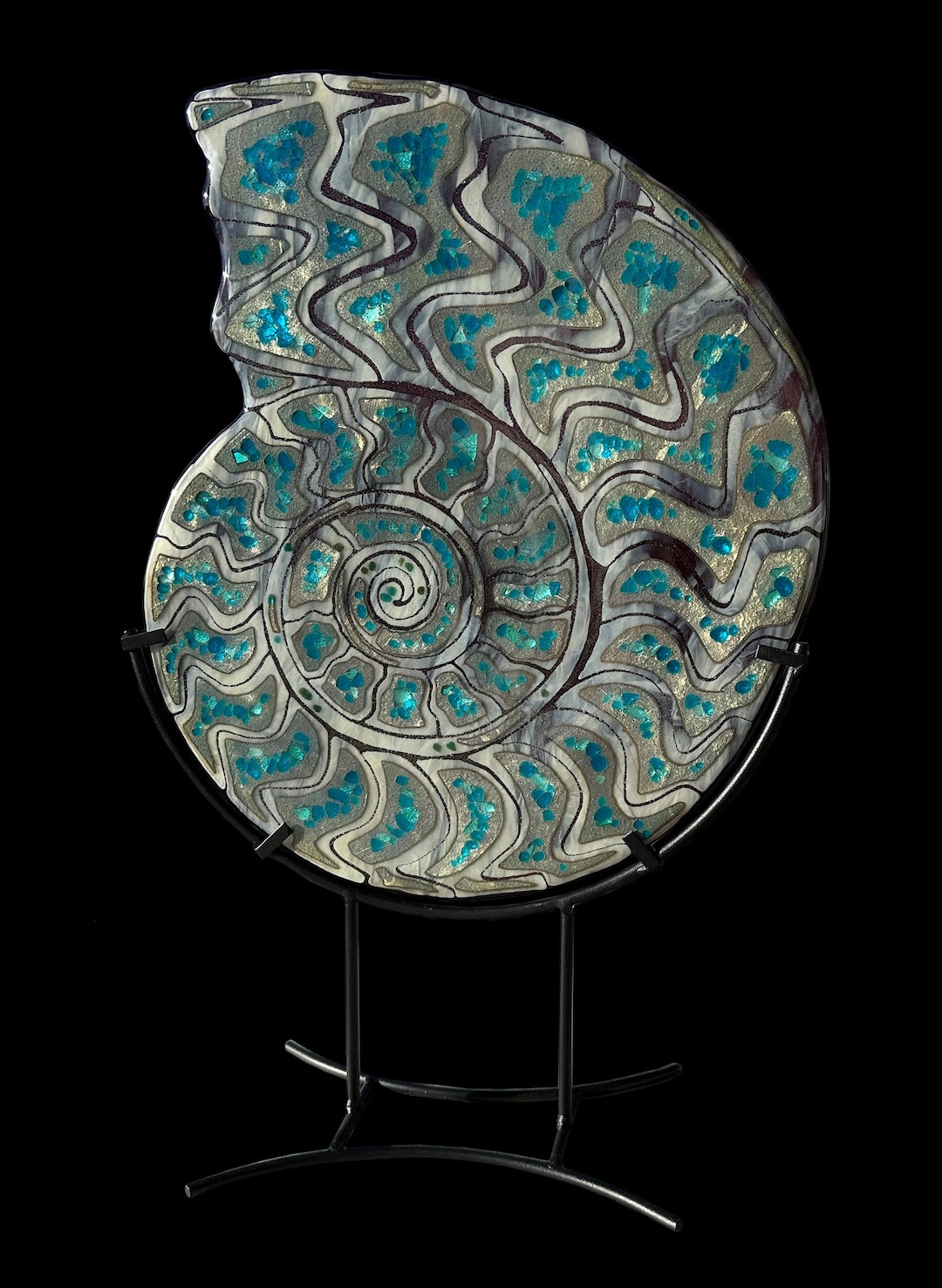 Transparent Glass Ammonite Art With Pure Silver and Dichroic Teal ...