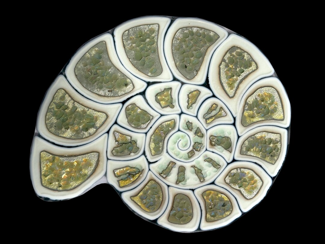 Streaky Green and Vanilla Glass Ammonite Art With Pure Silver and ...