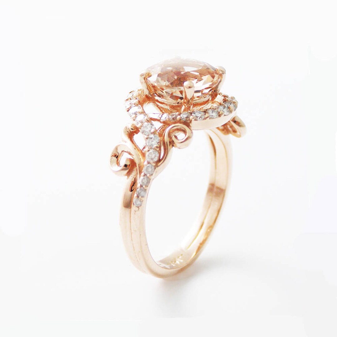 14K Rose Gold Nature Inspired Ring Peach Pink Morganite Engagement Ring ...