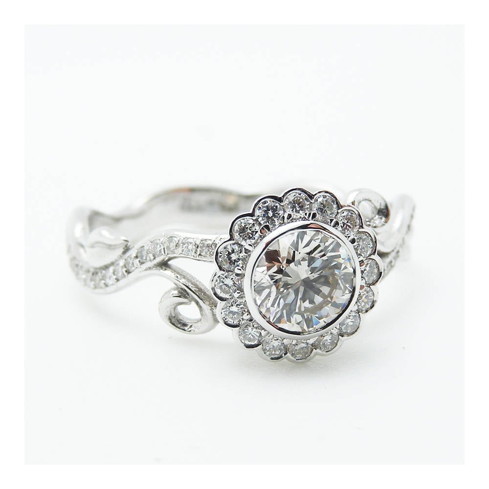 White Gold Diamond Engagement Ring Diamond Halo Ring Unique | Etsy
