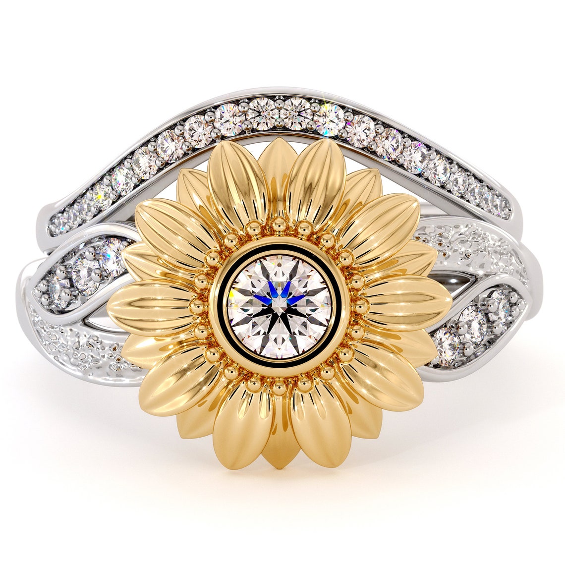 Sunflower Engagement Ring Set Diamond Engagement Ring Yellow & | Etsy