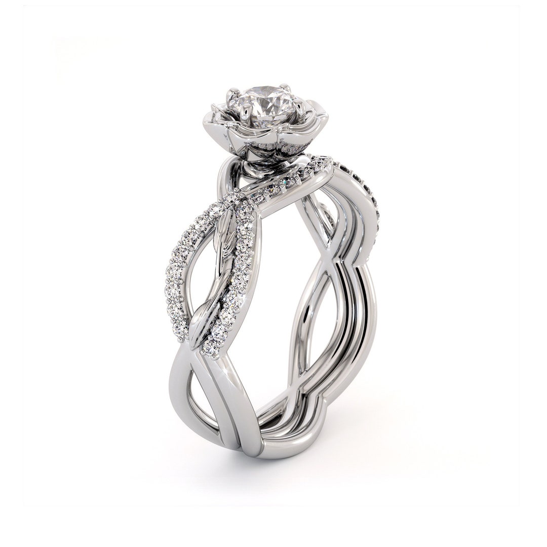 Flower Wedding Set 14K White Gold Ring Set Unique Moissanite Engagement ...