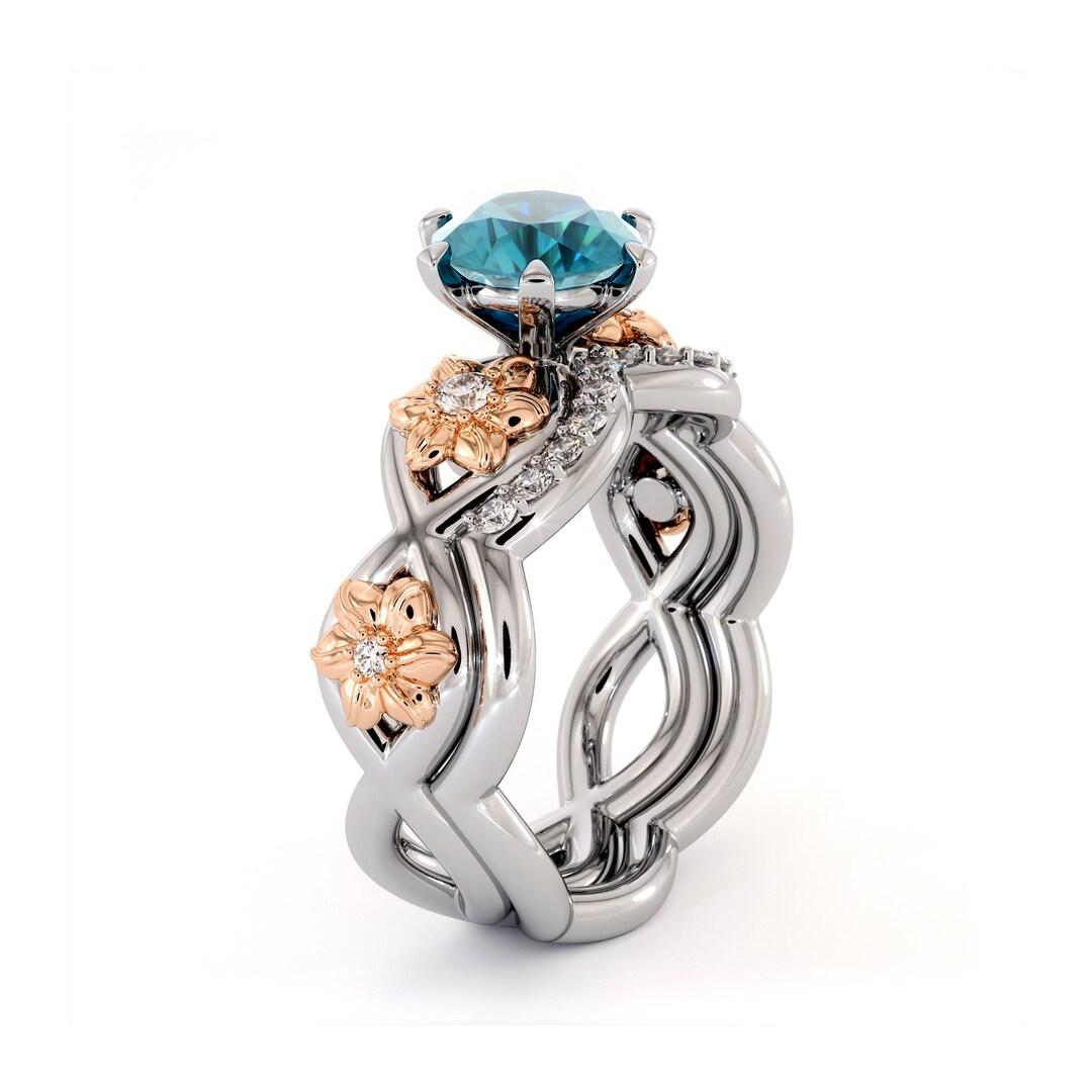 Blue Diamond Engagement Ring Set 14K White & Rose Gold Ring Flower ...