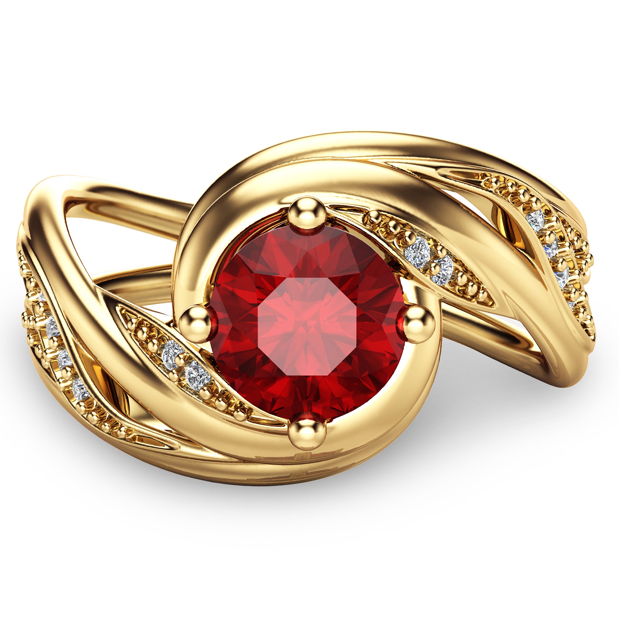 14K Yellow Gold Ruby Engagement Ring Round Cut Natural Ruby | Etsy