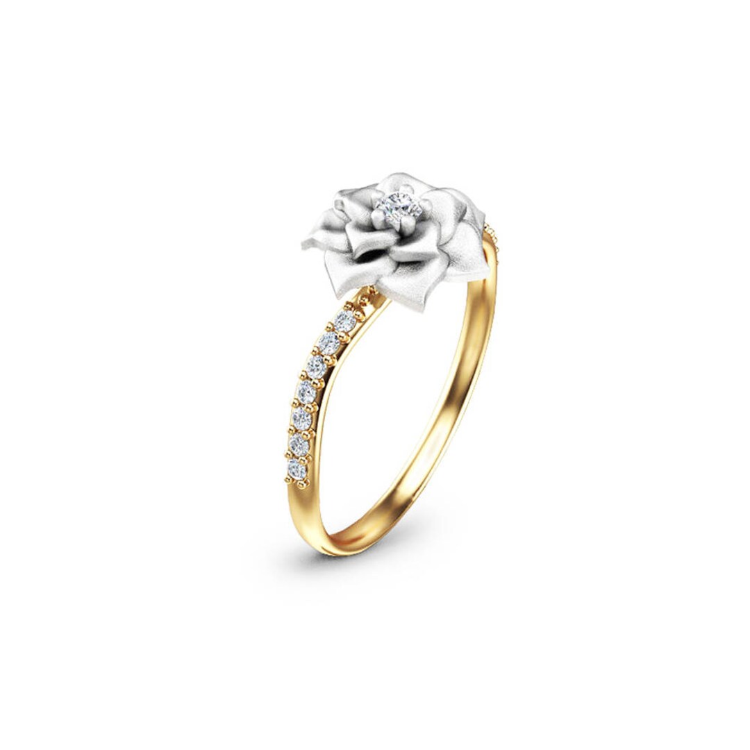 Flower Design Diamond Engagement Ring Unique 14K Two Tone Gold Ring ...