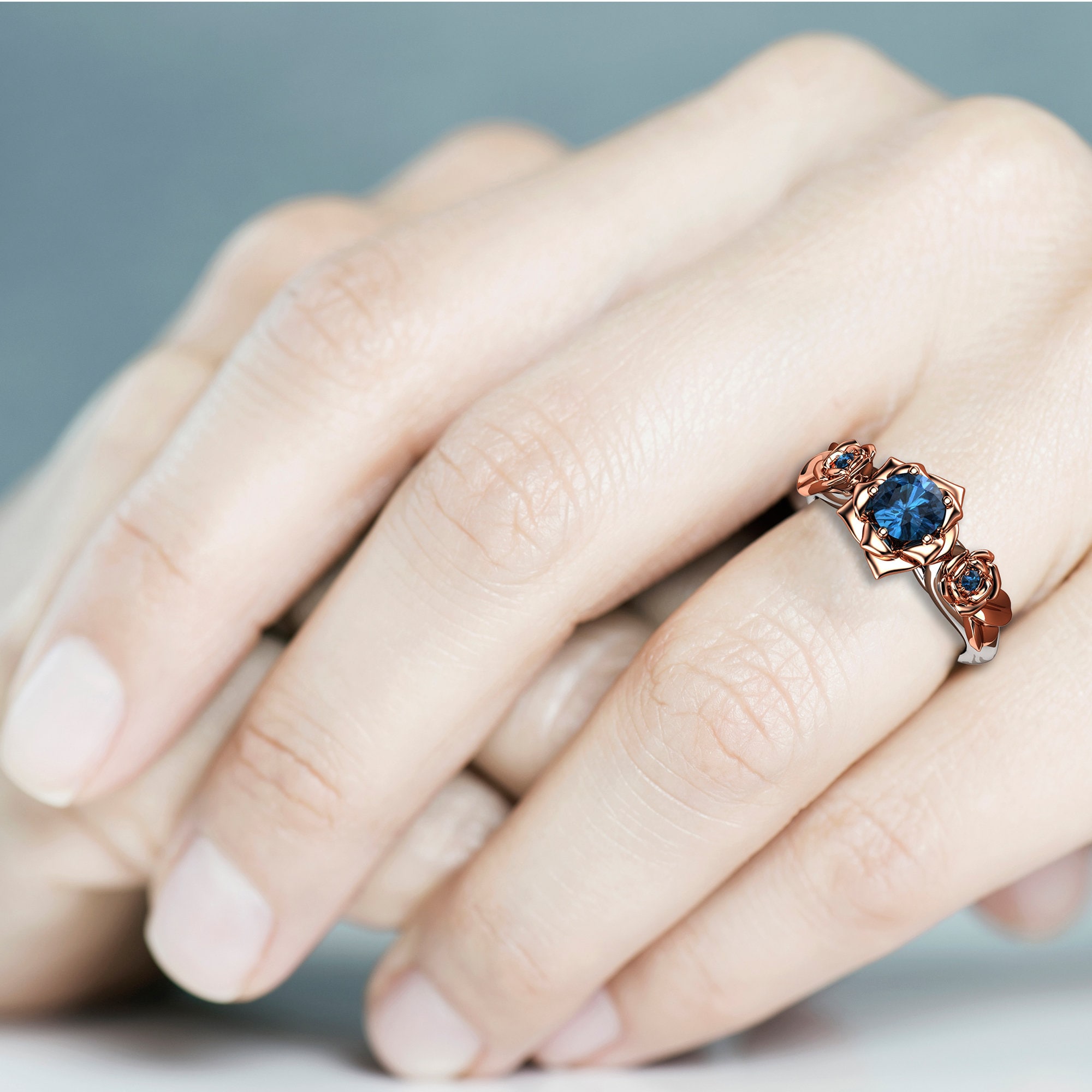 Blue Diamond Rose Engagement Ring: 14K White & Rose Gold - Etsy