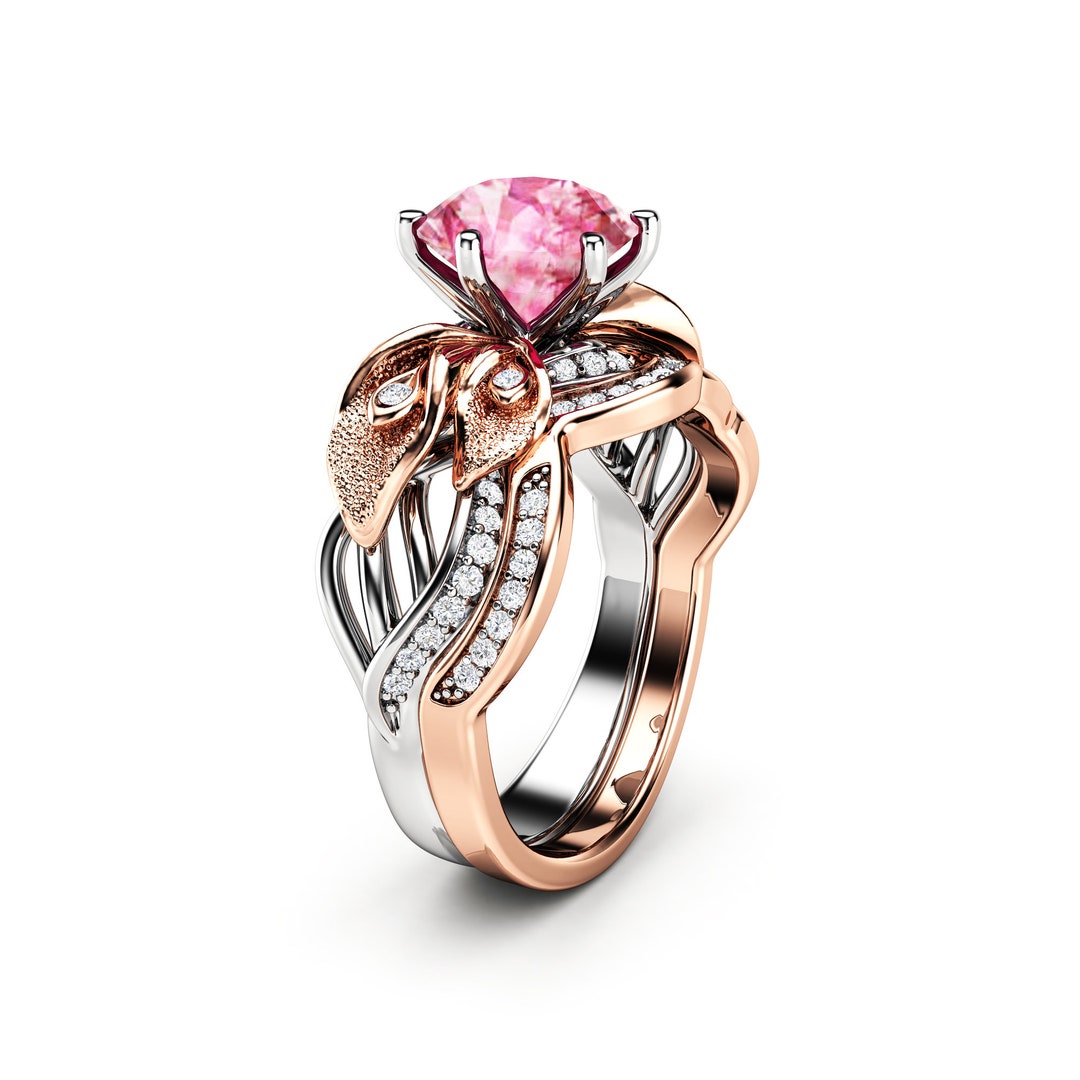 Pink Moissanite Delicate Flower Ring Set Unique Two Tone Gold Matching ...