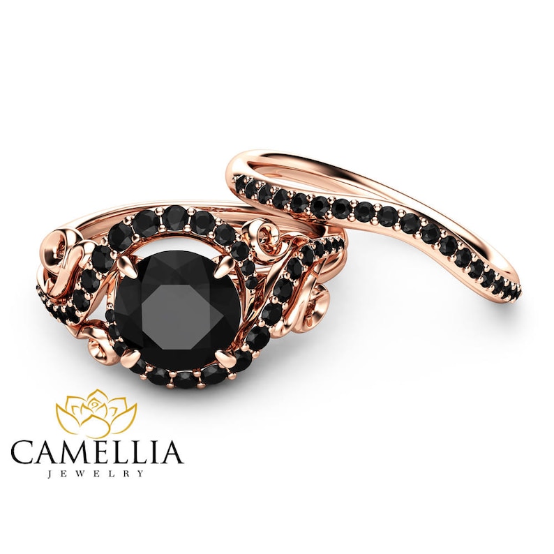 Rose Gold Diamonds Engagement Ring Set Unique Black Diamond - Etsy