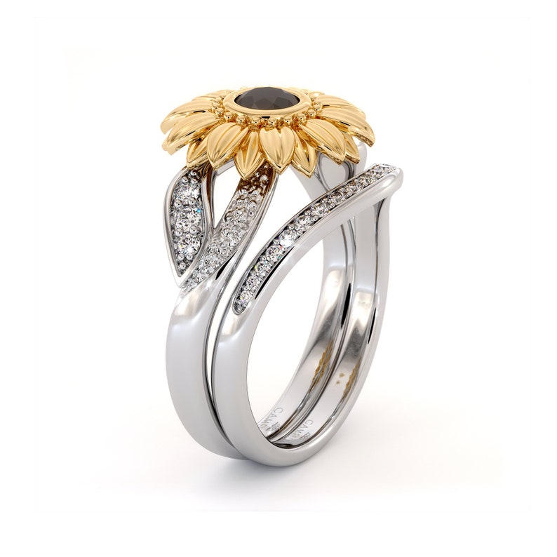 Sunflower Engagement Ring Set: Black Diamond, 14K White & Yellow Gold ...