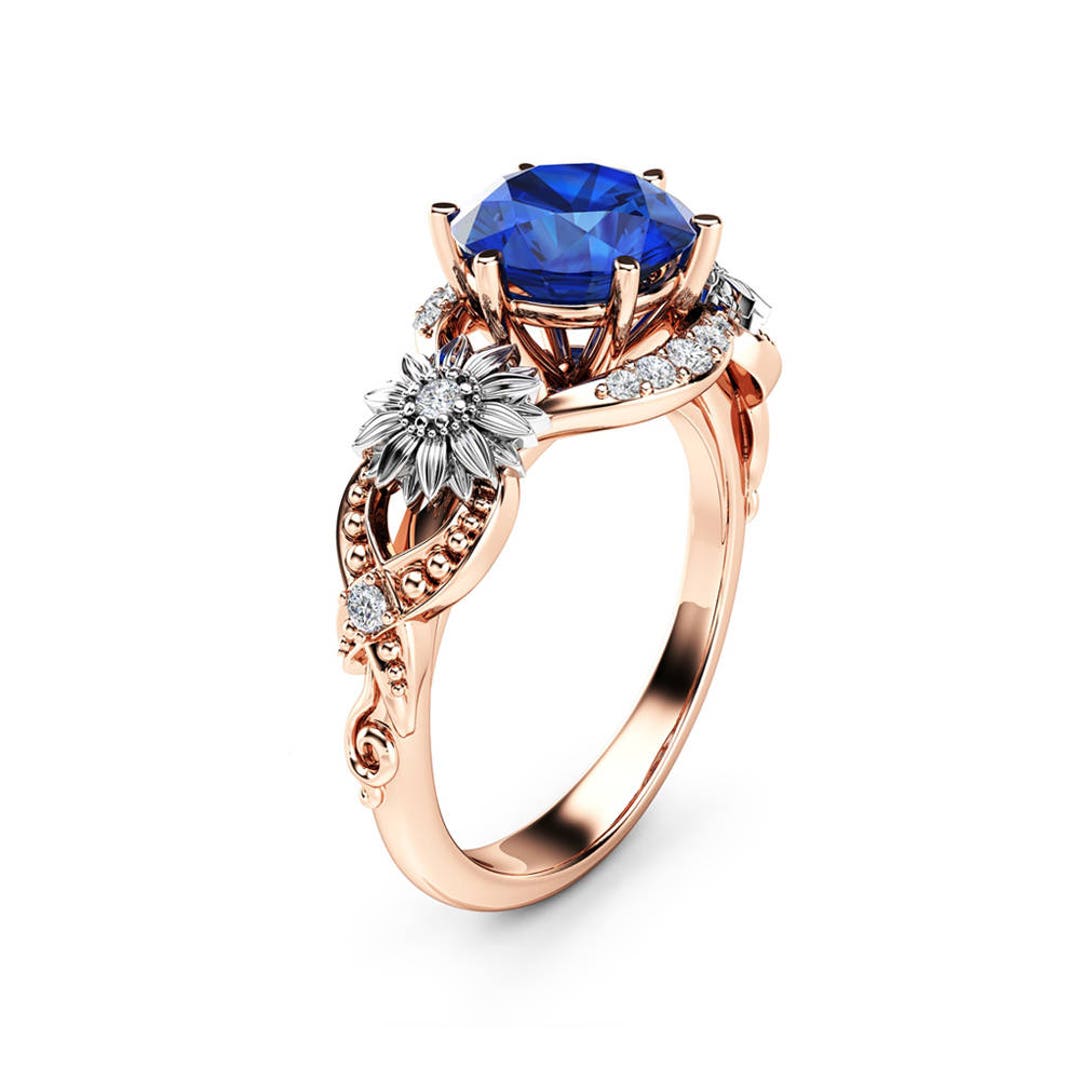 Two Tone Gold Sunflower Blue Lab Created Sapphire Engagement Ring - Etsy