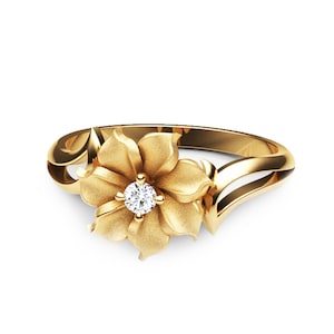 Delicate Flower Diamond Engagement Ring Unique Nature Inspired 14K Gold ...