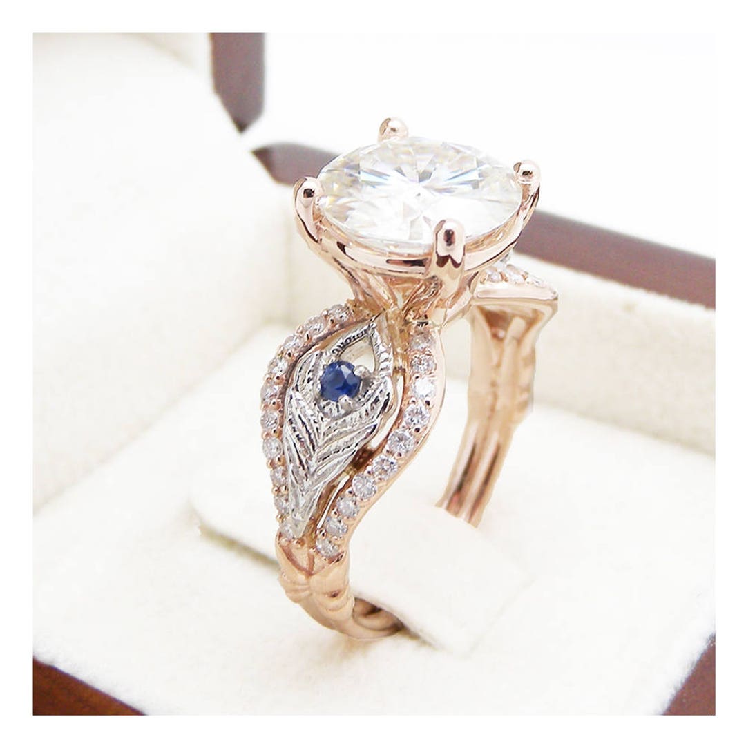 Peacock Feather Design 14K Rose & White Gold Engagement Ring 3.60 Carat ...