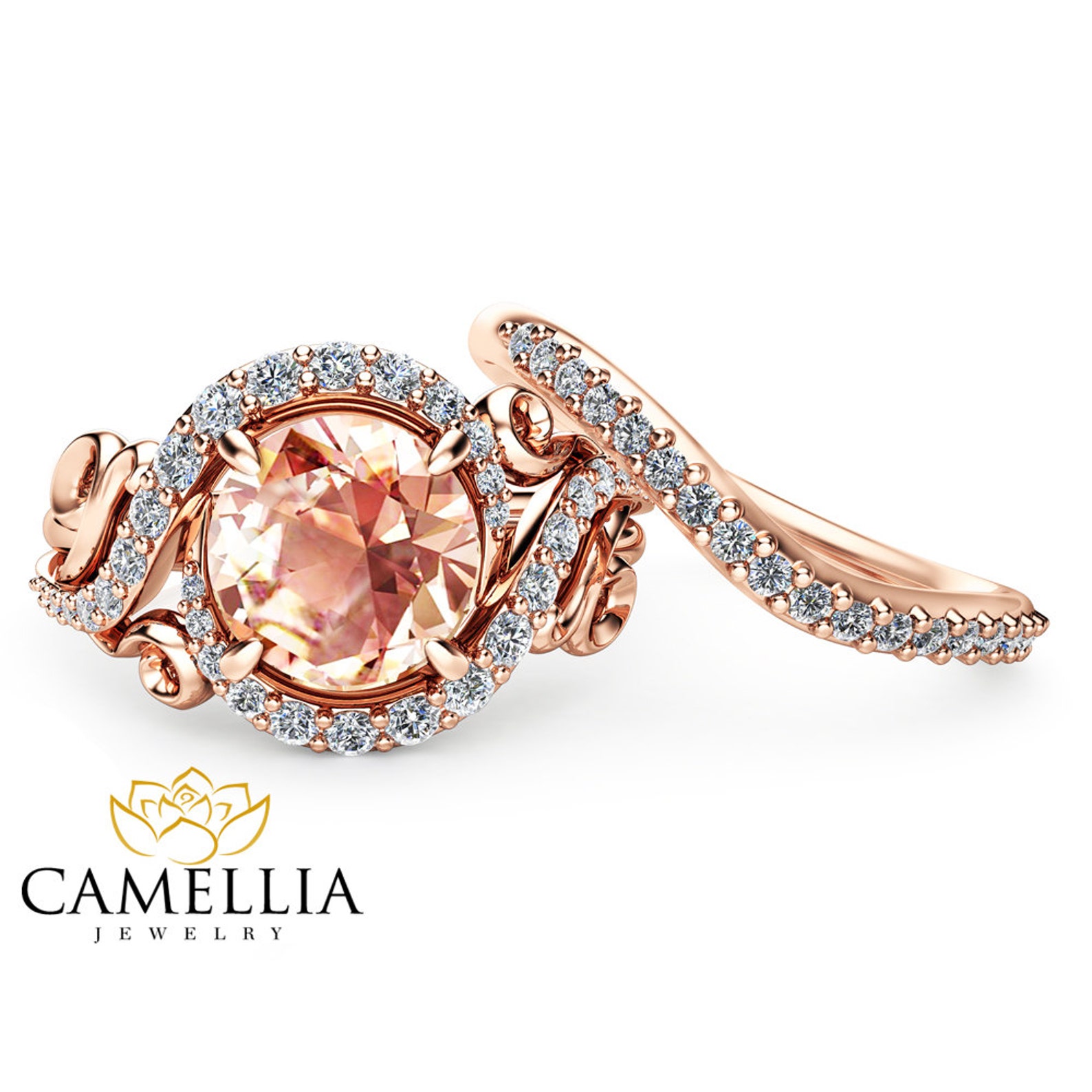 Rose Gold Morganite Engagement Ring Set Unique Rose Gold | Etsy