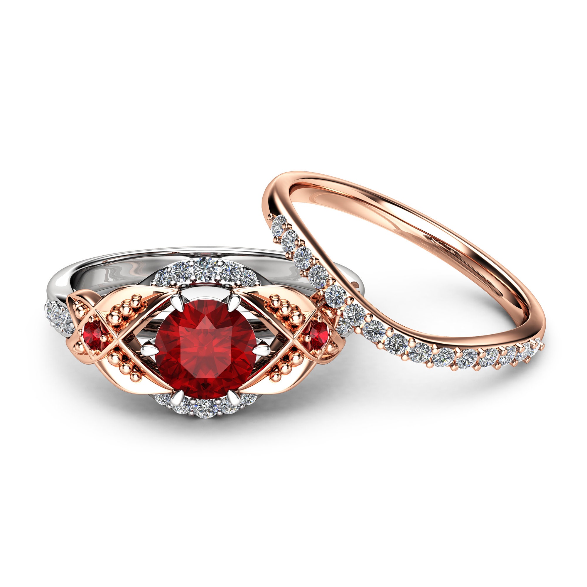 Wedding Ruby Engagement Ring Set 14K Two Tone Gold Engagement - Etsy