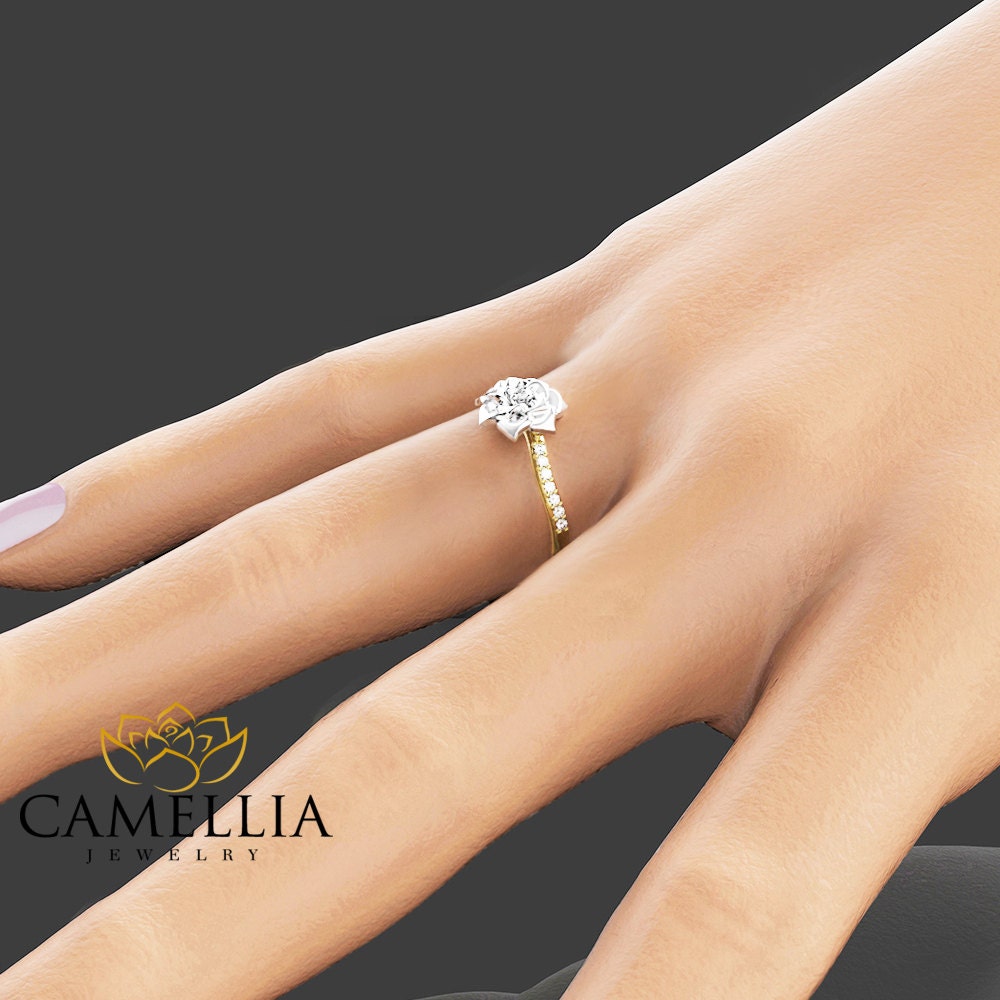 Flower Design Diamond Engagement Ring Unique 14K Two Tone Gold | Etsy