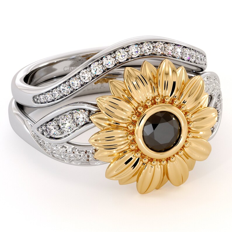Sunflower Engagement Ring Set: Black Diamond, 14K White & Yellow Gold ...