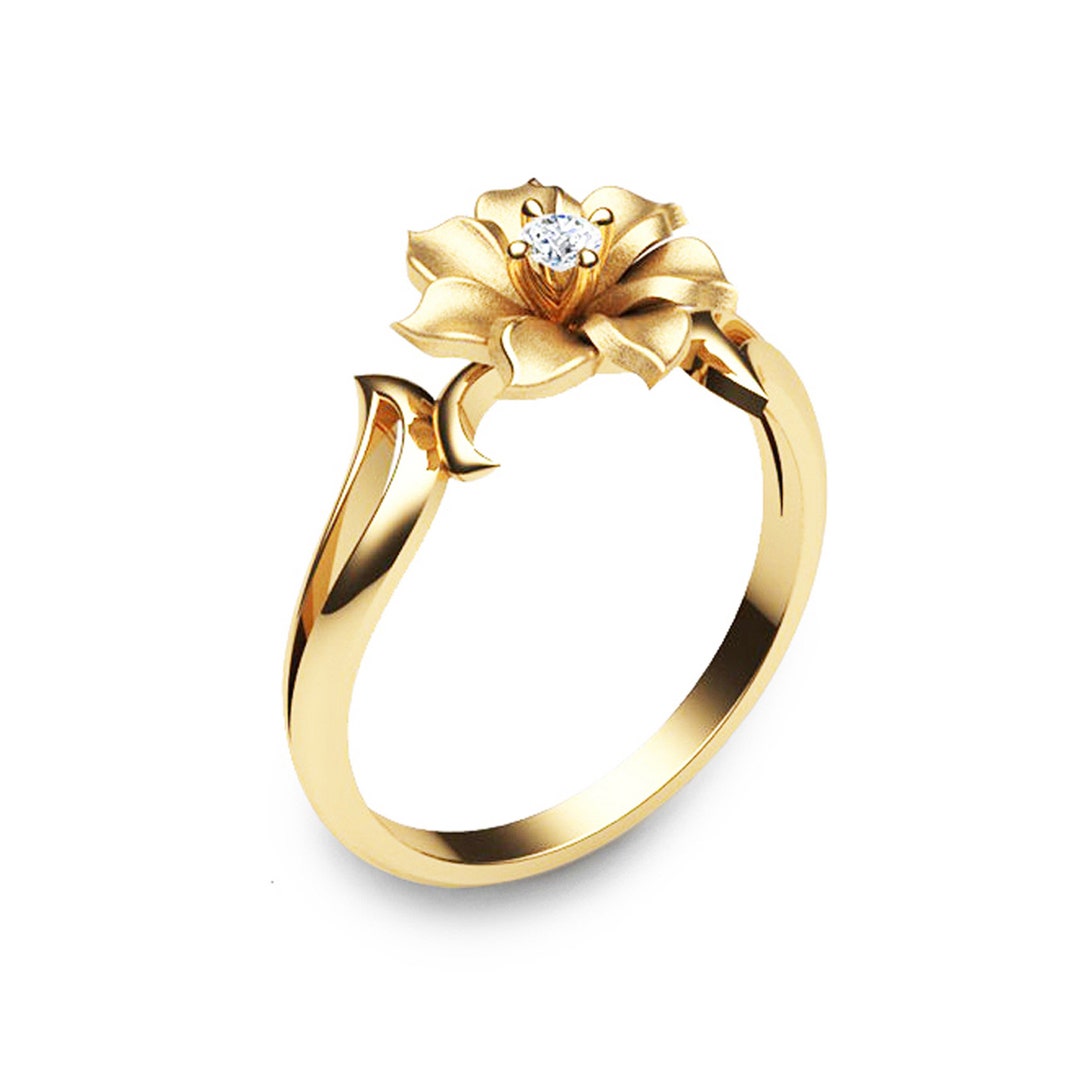 Delicate Flower Diamond Engagement Ring Unique Nature Inspired 14K Gold ...