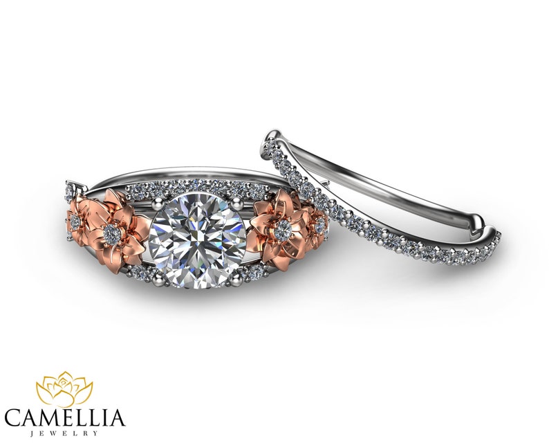 Two Tone Gold Diamond Engagement Ring Set Unique Bridal Set | Etsy