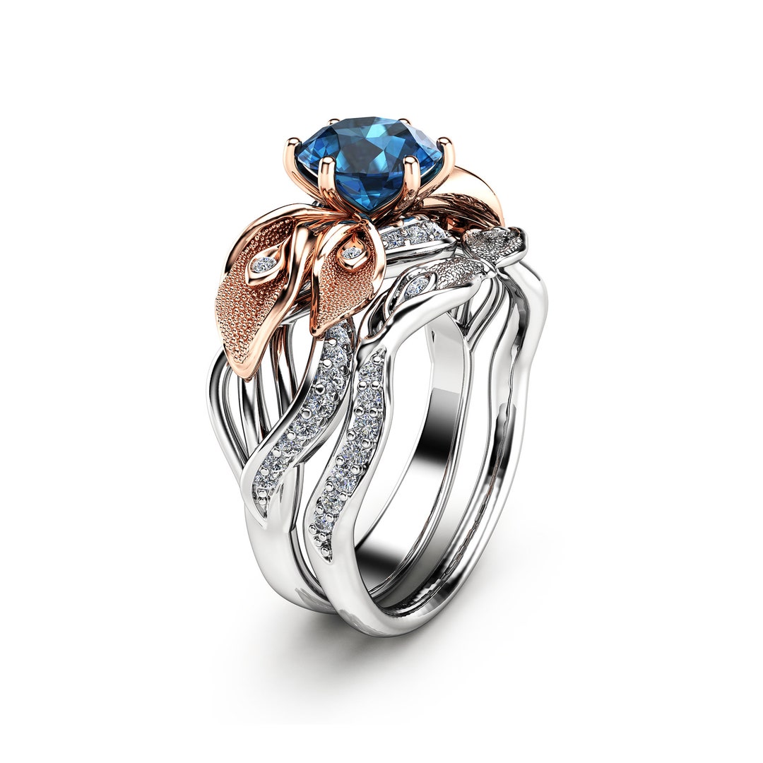 Unique Topaz Engagement Rings Floral Ring Set 14K Two Tone Gold Topaz ...